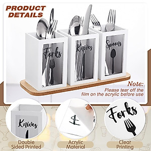 Gejoy Clear Acrylic Silverware Caddy Utensil Holder for Countertop Silverware Organizer with Wood Tray Spoon and Fork Holder Cutlery Silverware Holder Utensil Caddy Flatware Organizers (White)