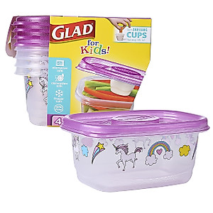 Glad for Kids Unicorns GladWare To Go Storage Containers with Lids| 24 oz Kids Snack Containers with Unicorn Design, 4 Count Set with 4 Dressing or Sauce Cups