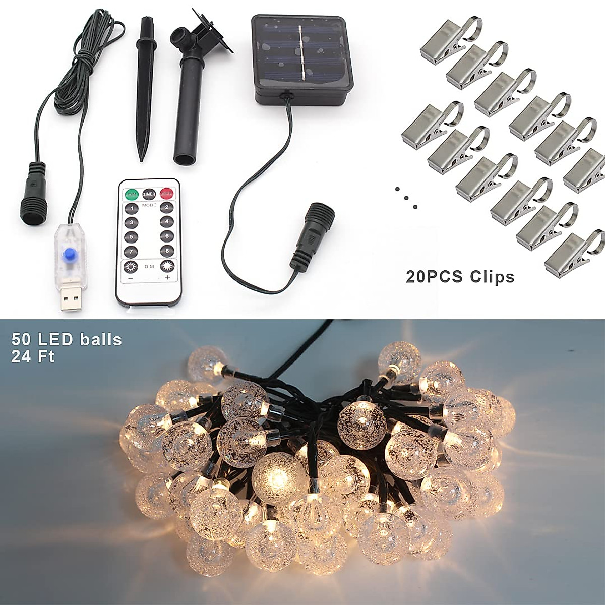 Benelet Solar Outdoor String Lights or USB Powered,Waterproof LED Globe Crystal Balls Decorative Lighting for Garden Home Party Wedding Christmas Decoration,50 LED,20 Free Curtain Clips (Warm White)