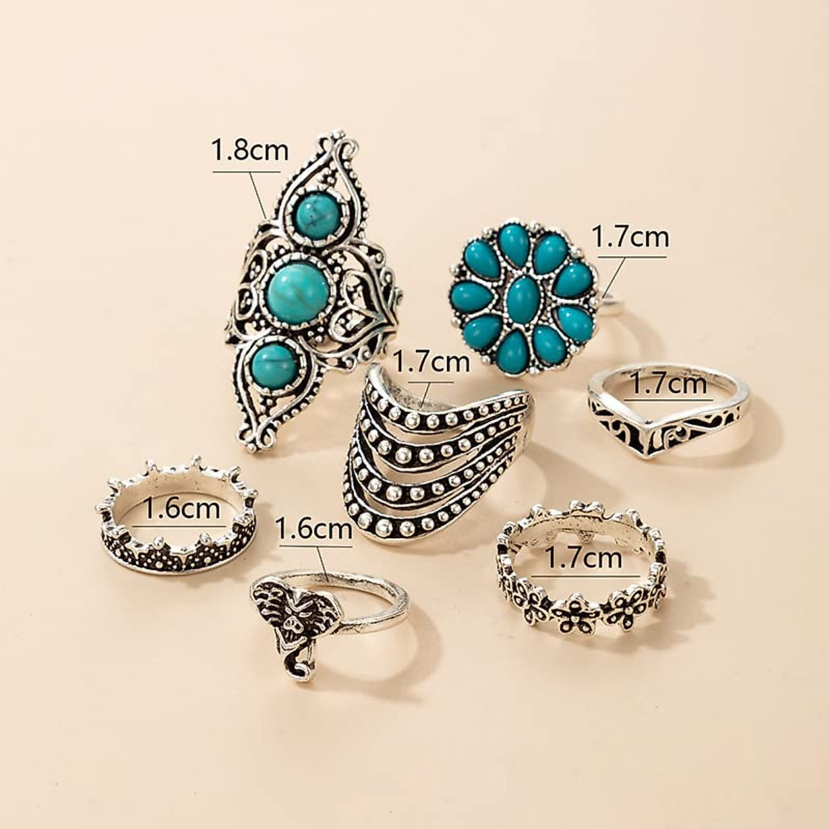 Fuqimanman2020 Bohemian Western Turquoise Oval Geometric Stackable Rings Set Midi Crystal Gemstone Knuckle Flower Carved for Women Holiday Beach Summer Boho Jewelry-B