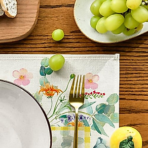 Artoid Mode Wildflower Floral Eucalyptus Leaves Placemats for Dining Table, 12 x 18 Inch Spring Summer Seasonal Decoration Rustic Washable Table Mats Set of 4 Green