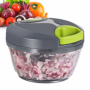 Manual Food Processor Vegetable Chopper, Ourokhome Portable Hand Pull String Garlic Mincer Onion Cutter for Veggies, Ginger, Fruits, Nuts, Herbs, etc, 2 Cup, Grey.