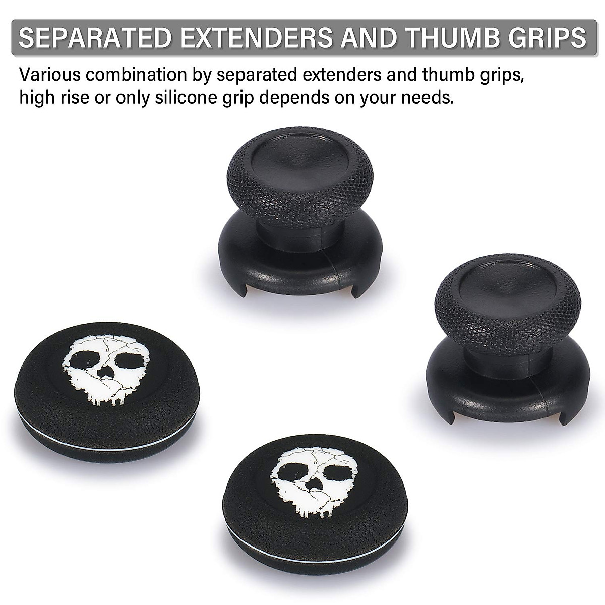 Playrealm FPS Thumbstick Extender & Printing Rubber Silicone Grip Cover 2 Sets for Xbox Series X/S & Xbox One Controller(Ghost)