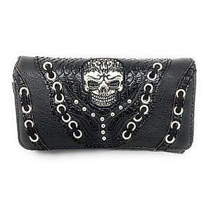 western rhinestone skull concho stitched handbag purse set (black)