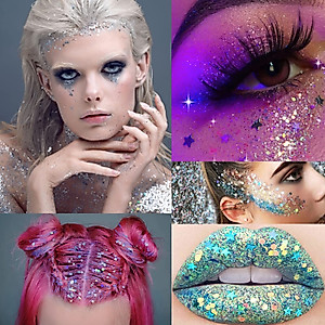 2 Color Body Glitter Gel Mermaid Scale Sequins Skin Long Lasting Sparkling Cream Eyeshadow Lip Nail Hair Painting Glitter Decorate Art Festival Party Make up Powder(Gold,Blue),with 2 Sponge Brush