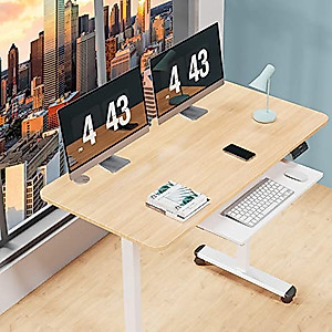 WOKA Electric Standing Desk Adjustable Height, 48 x 24 Inches Stand up Desk with Keyboard Tray, Sit Stand Desk with Memory Controller for Home Office, Motorized Desk with Splice Board, Oak