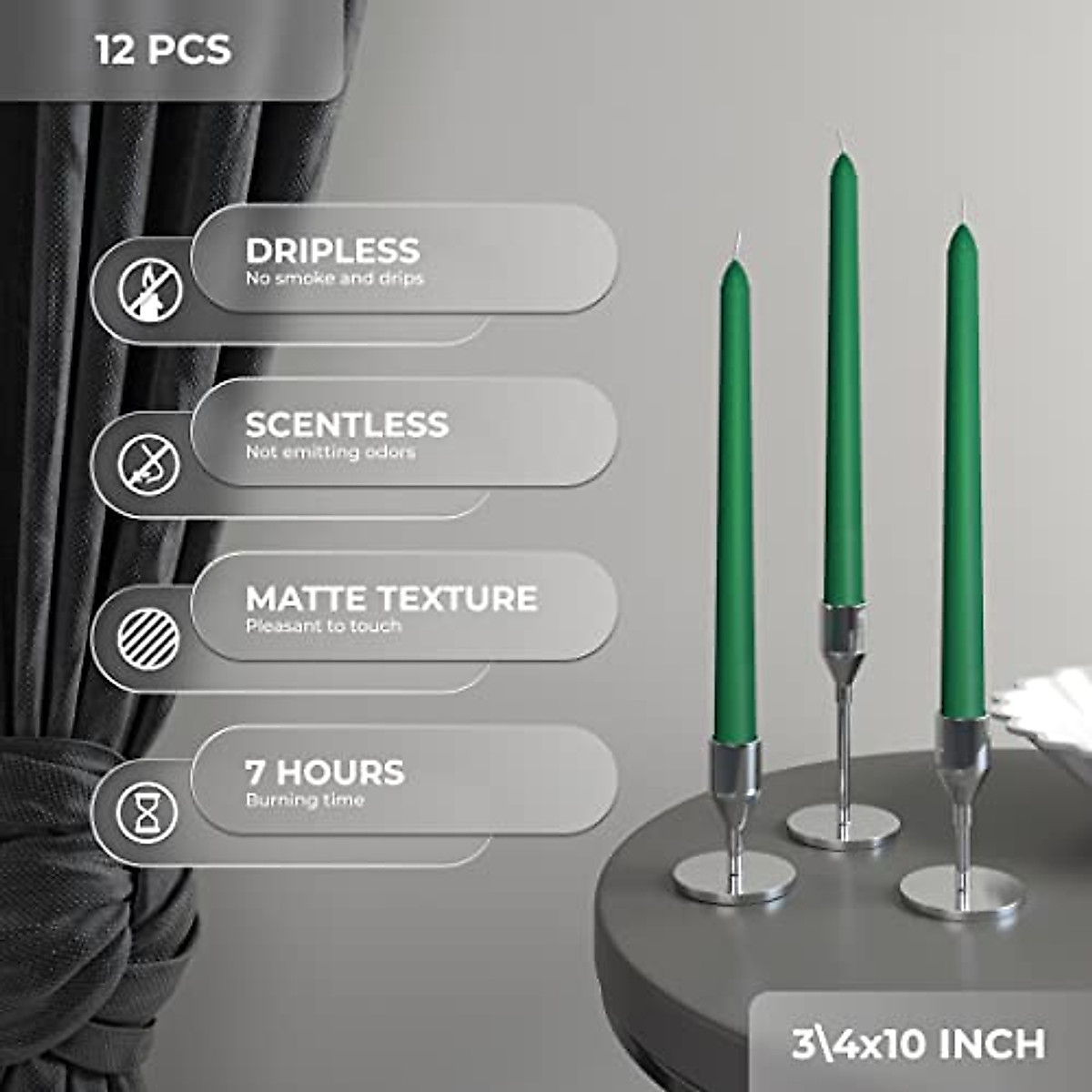 CANDWAX 10 inch Taper Candle Sticks Long Burning Set of 12 - Dripless Dinner Candles for Table Look Like Matte Metallic Candles and are Ideal for Any Occasion - Green Metallic Candles