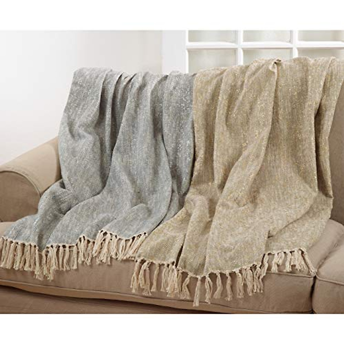 Fennco Styles Home Decorative Unique Metallic Print Design 100% Cotton Woven Throw Blanket with Tassels, 50" x 60" (Silver)