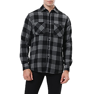 Esabel.C Mens Flannel Shirt Regular Fit Long Sleeve,Casual Button Down Plaid Flannel Shirt for Men,Grey/Black,L