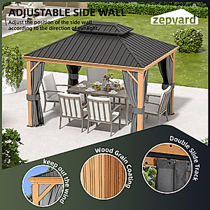 ZEPYARD 10x12 FT Hardtop Gazebo, Metal Outdoor Frame with Wood-Grain Coating, Netting and Curtains, Double Galvanized Steel Roof, Patio Hard Top Gazebo for Backyard, Deck, Poolside (Grey)