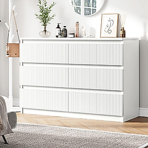 Jocoevol White Dresser 6 Drawer Dresser for Bedroom, Modern Fluted Dresser with Deep Drawers, Large Double Wooden Dresser Chest of Drawers for Living Room, Hallway, Entryway (White)