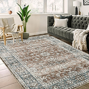 Haperlare Large Living Room Area Rug - 8x10 Large Bedroom Rug Distressed Non-Slip Non-Shedding Oriental Print Floor Carpet for Dining Room Kitchen Brown, 8 x 10