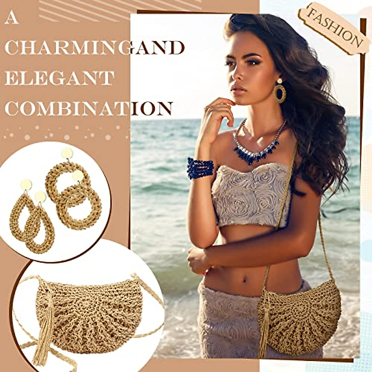 2 Pcs Women's Straw Clutch Purse and 2 Pairs Rattan Earrings Boho Straw Crossbody Purse Summer Woven Shoulder Bag Clutch Purse with Tassel Handmade Bohemian Earrings Hoop Drop Dangle Earrings