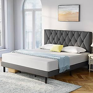 Molblly Full Size Bed Frame with Adjustable Headboard, Linen Fabric Wrap, Strong Frame and Wooden Slats Support, No Box Spring Needed, Non-Slip and Noiseless, Easy Assembly, Dark Grey
