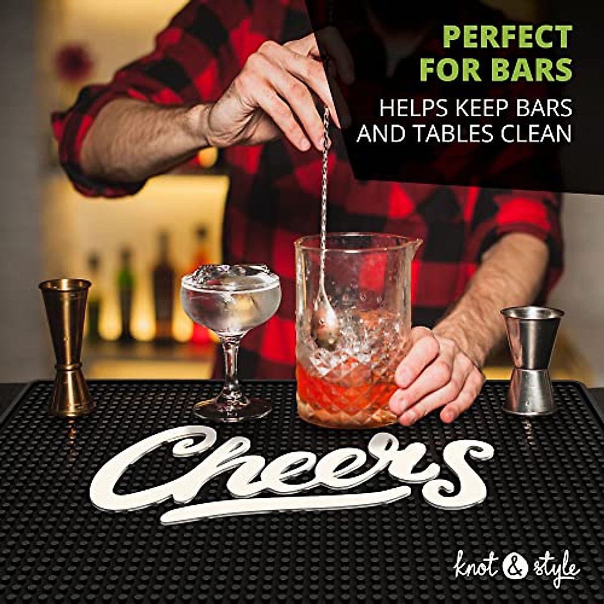 Knot and Style Bar Mat Counter Top - 17.7 x 11.8 inch, Black Waterproof, Non-Slip, Non-Toxic, Heavy Duty Rubber, Easy to Clean, Perfect for Bars & Restaurants, Premium Quality (Cheers)