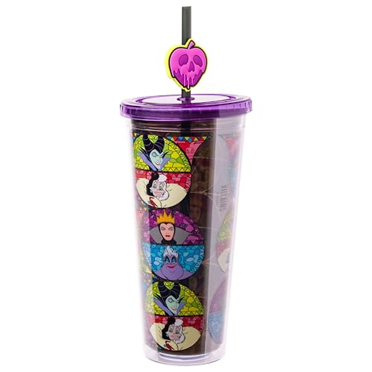 Silver Buffalo Disney Villains Featuring Cruella de Vil, Maleficent, Ursula, and the Evil Queen Glitter Plastic Cold Cup with Lid and Straw Topper, 24 Ounces