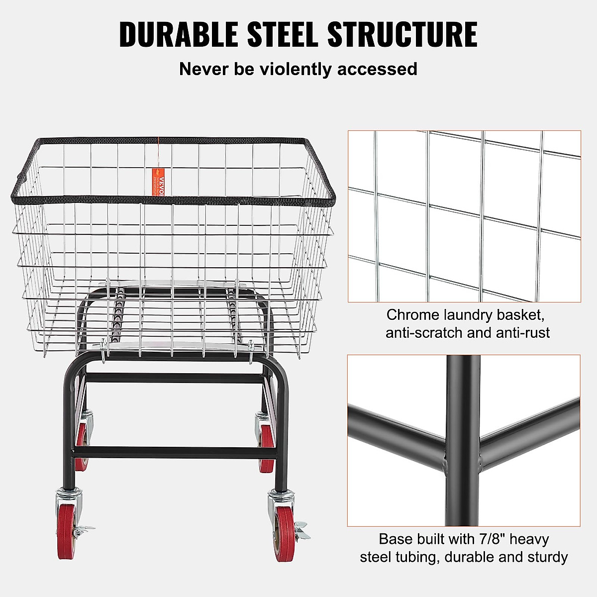 VEVOR Wire Laundry Cart, 2.8Bushel Wire Laundry Basket with Wheels, 26.7''x21.7''x26.4'' Commercial Wire Laundry Basket Cart, Steel Frame with Chrome Finish, 4" Casters, Wire Basket Cart For Laundry