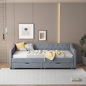 Jintop Twin Size Upholstered Daybed with 2 Drawers and Button Tufted Back,Elegant Wood Storage Sofa Bed Frame w/Waved Shape Arms,Slat Support,for Apartment,Bedroom,Light Grey