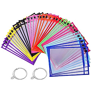 Puroma 35 Pack Dry-Erase Pockets Reusable Plastic Sleeves Assorted Colors Waterproof Pocket with 2 Rings for Classroom, School, Office, Home - Colorful