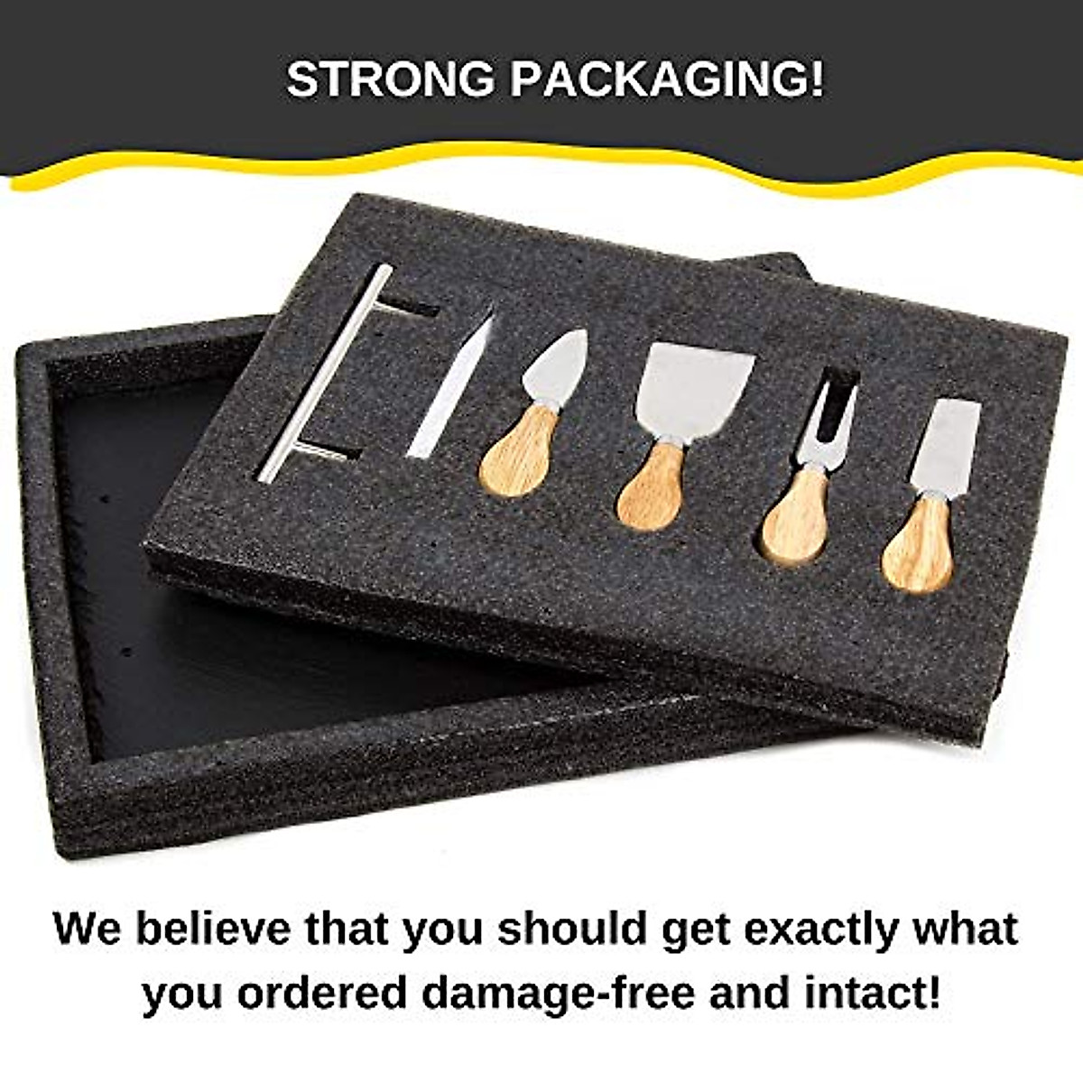 Slate Cheese Board Set - Deluxe Cheese Serving Tray with Stainless Steel Handles - Includes 4 Cheese Knives and 2 Soapstone Chalks - Great for Home & Restaurant Cheese Tapas & Appetizers Serving