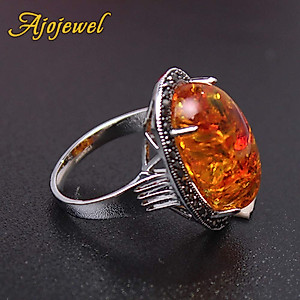 Ajojewel Women Rings With Big Stones Unique Bling Orange Resin Rings Party Wedding Jewelry(white-gold-plated-base, 9)