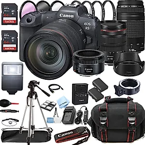 Canon EOS R5 Mirrorless Digital Camera with RF 24-105mm f/4 L is USM Lens + 75-300mm F/4-5.6 III Lens + 50mm f/1.8 STM Lens + 128GB Memory + Case + Tripod + Filters (43pc Bundle)
