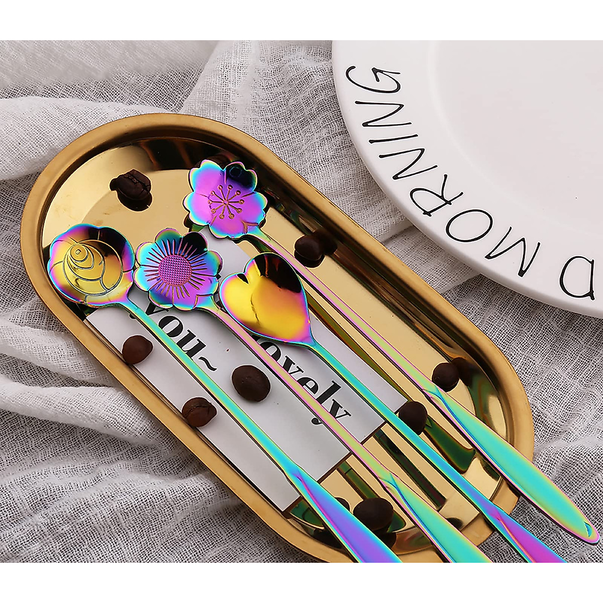 Diaertiny 12Pcs Flower Spoon Long Handle Coffee Dessert Stirring Ice Teaspoons Gold, Rose Gold, Rainbow Cocktail Stainless Steel Spoons for Bar Home Office Party