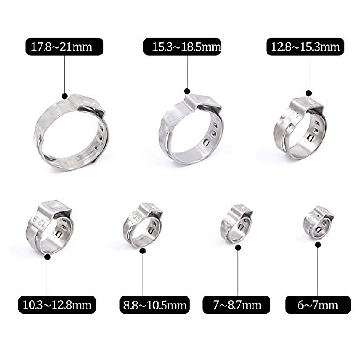 Glarks 120Pcs 7-21mm 304 Stainless Steel Single Ear Hose Clamps Assortment Kit