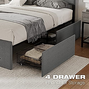 GAOMON Queen Bed Frame with Storage, Grey Bed Frame Queen Size with 4 Drawers and Headboard, Platform Bed Frame with Large Storage, No Box Spring Needed, Noise-Free, Easy Assembly