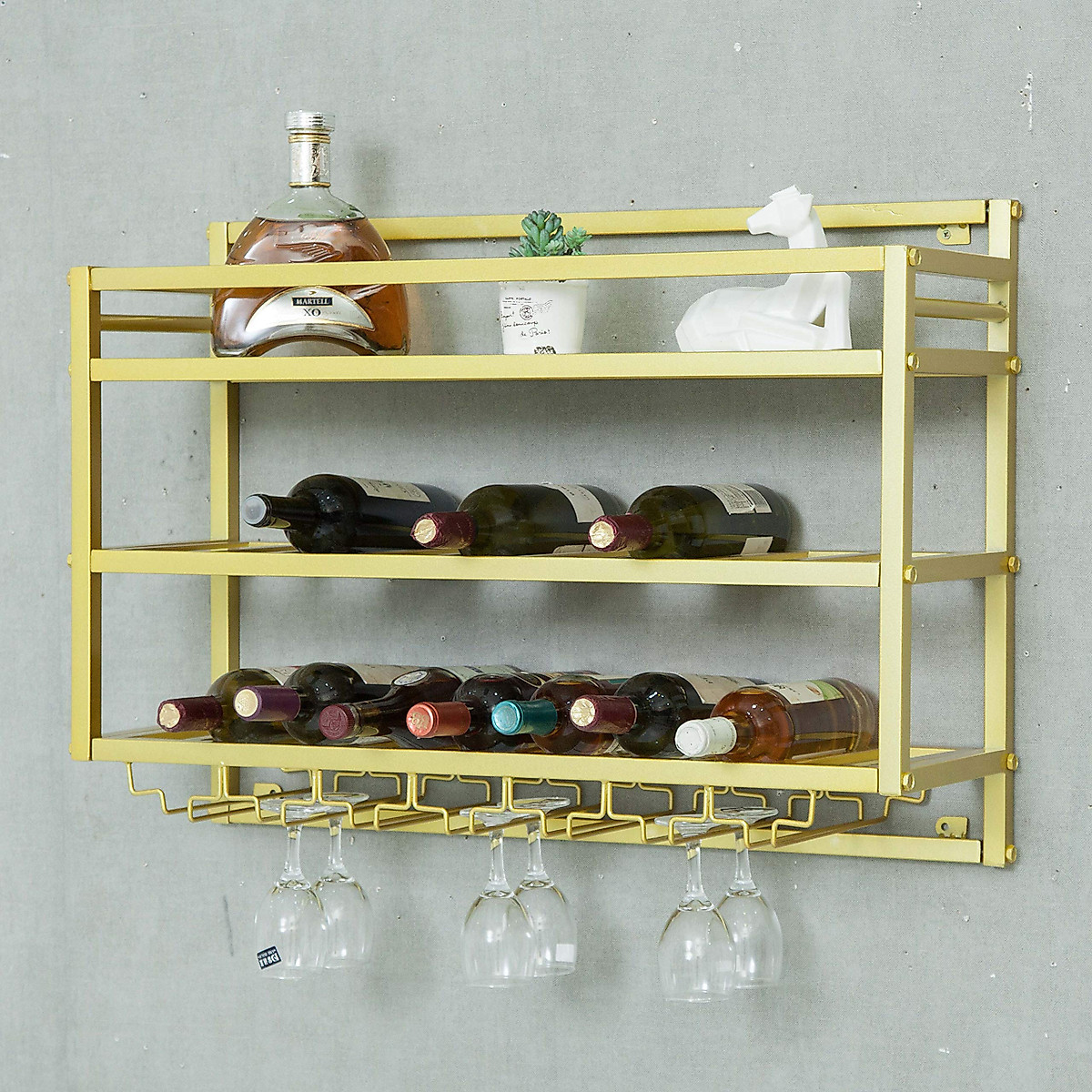 Modern 3-Tier Wall-Mounted Wine Rack, 20 Bottles and Glass Holder, Metal Wine Storage Rack Organizer, Wine Display Shelf for Home Kitchen Bar Restaurant (L: 31.5'', Gold)