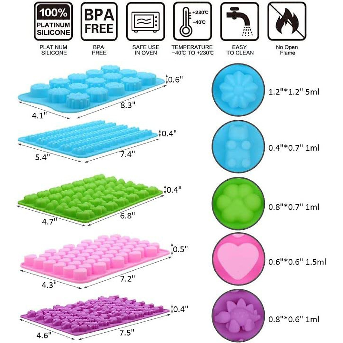 Alimat PluS Silicone Gummy Molds Candy Molds with 2 Droppers - BPA Free Nonstick Chocolate Molds Including Mini Dinosaur, Cat Claw, Hearts, Flowers, Bear Shape Gummie Molds - Pack of 5 for 210 Gummies