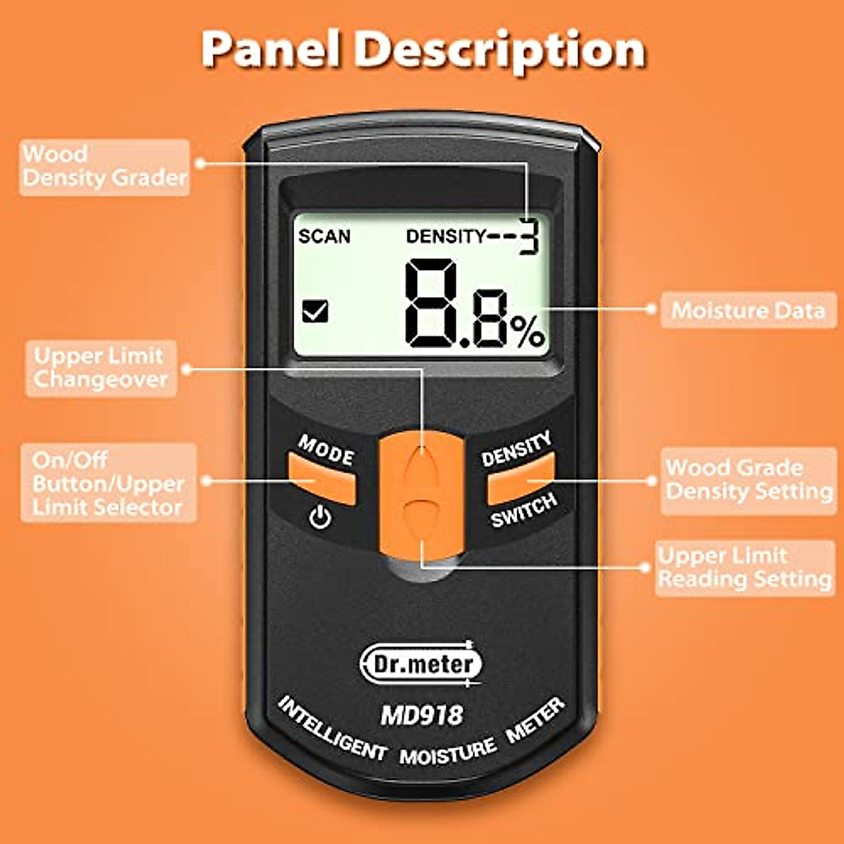 Dr.meter Pinless Wood Moisture Meter, Upgraded Version Inductive Pinless Tools Intelligent Moisture Meter Digital Moisture Meter for Wood (Range 4% - 80% RH; Accuracy: 0.5%), MD918