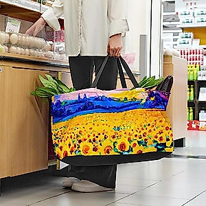 KQNZT Reusable Grocery Bags, Large Foldable Reusable Shopping Tote Bags Bulk for Groceries, Waterproof Kitchen Cloth Produce Bags with Long Handles, Sunflower Sunrise Oil Painting