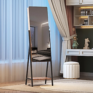 LVSOMT LED Standing Jewelry Mirror Cabinet, Stand Up Full Length Mirror with Storage, Lockable Floor Jewelry Armoire Organizer with 2 Drawers, Bottom Shelf, Built-in Lighted Makeup Mirror (Brown)