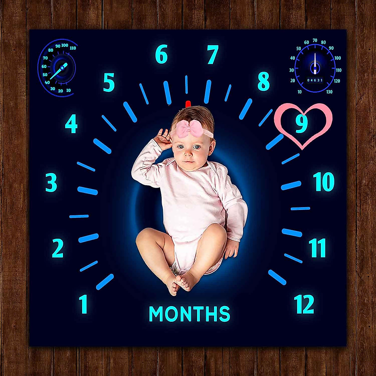 PHMOJEN Racing Car Theme Baby Monthly Milestone Blanket, Speed Table Speedometer Blue Black Background, Newborns 1 to 12 Months Unisex Include 4 Frames and 1 Headband 47"x47"BTWYPH41