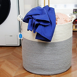 Casaphoria Woven Cotton Rope Basket with Handle for Bedroom,Round Storage Basket for Bathroom,Large Blanket Basket for Living Room,Tall Laundry Hamper Woven for Laundry,Light Gray
