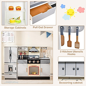 HONEY JOY Kids Kitchen Playset, 2-Piece Modular Wooden Play Kitchen for Toddlers & Refrigerator with Ice Maker, Range Hood, Oven, Little Chef Pretend Toy Kitchen Set with Light & Sound, Gray