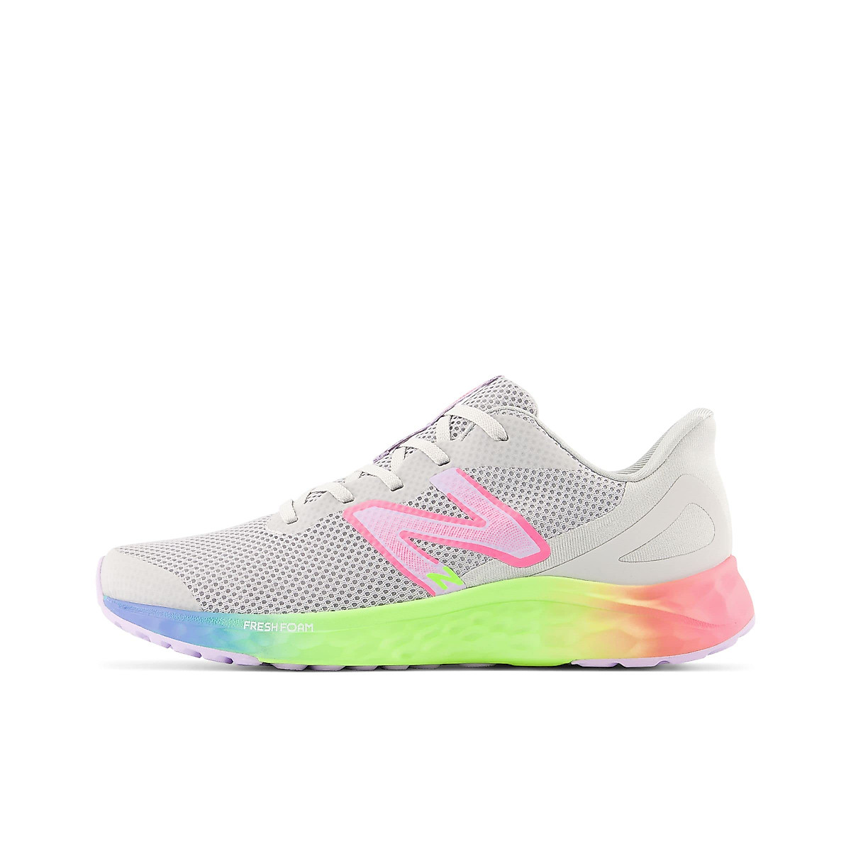 New Balance KIds Arishi Fresh Foam v4 Sneaker, LIGHT ALUMINUM/CYBER LILAC/NEON PINK, 5 M Big Kid (8-12 Years)