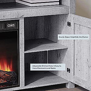 BELLEZE Modern 48 Inch Barn Door Wood TV Stand with 18 Inch Electric Fireplace & Media Entertainment Center Console Table for TV up to 50 Inch with Two Open Shelves and Cabinets - Corin (Light Gray)