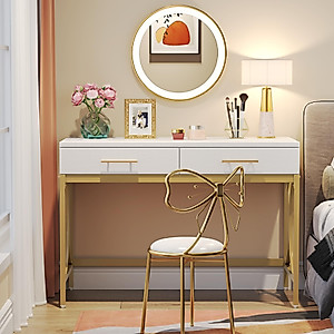 Tribesigns Modern Computer Desk with 2 Drawers, 41 Inches Study Writing Office Desk for Home Office, Bedroom, Makeup Vanity Table Desk with Gold Metal Frame, White & Gold