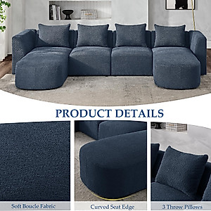 KIVENJAJA Modular Sectional Sofa, U-Shaped Couch with Double Chaise & Pillows, Modern Minimalist Boucle Fabric Large Comfy Cloud Sofas, Living Room Furniture Sets, 117 inch, Navy Blue