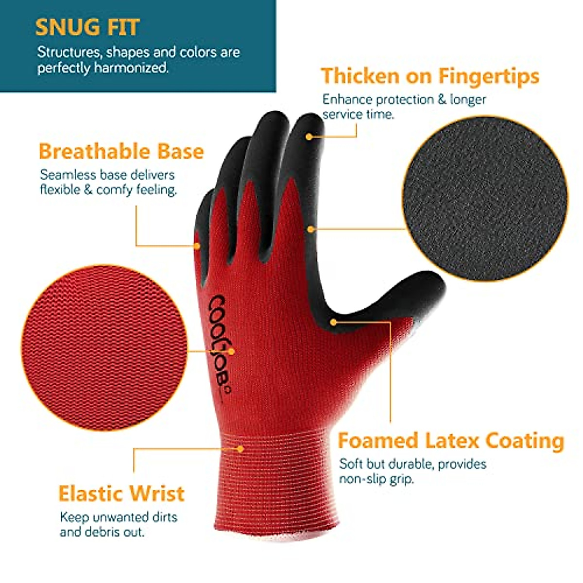 COOLJOB Gardening Gloves for Men, 6 Pairs Breathable Rubber Coated Garden Gloves, Work Gloves for Men, Men’s Large Size Fits Most, Black & Red (Half Dozen L)