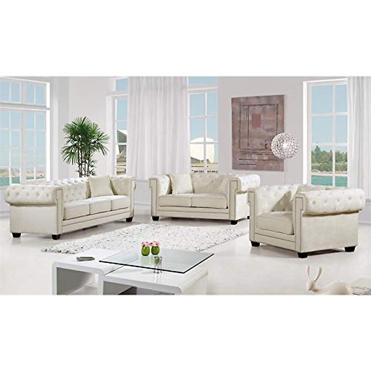 Meridian Furniture Bowery Collection Modern | Contemporary Button Tufted, Velvet Upholstered Sofa with Square Arms, Nailhead Trim and Wood Legs, Cream, 90" W x 36.5" D x 30.5" H