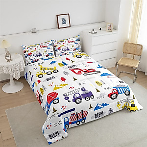 Kids Construction Truck Comforter Twin Size Boys Cartoon Cars Bedding Set Machinery Excavator Tractor Equipment Comforter Set 2Pieces Cute Vehicles Red Blue Yellow Quilt with 1 Pillowcase Boys