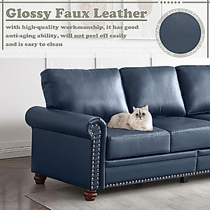 Antetek Comfy Upholstered PU Leather Sofa, 82.6-inch Mid-Century Modern Loveseat Sofas with Storage Space & Solid Bun Feet, 3-Seater Couches for Living Room Small Space, Bedroom, Navy Blue