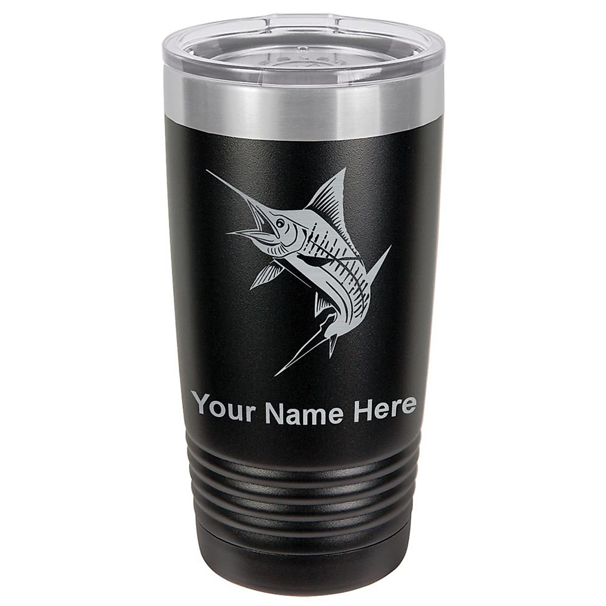 LaserGram 20oz Vacuum Insulated Tumbler Mug, Marlin Fish, Personalized Engraving Included (Black)