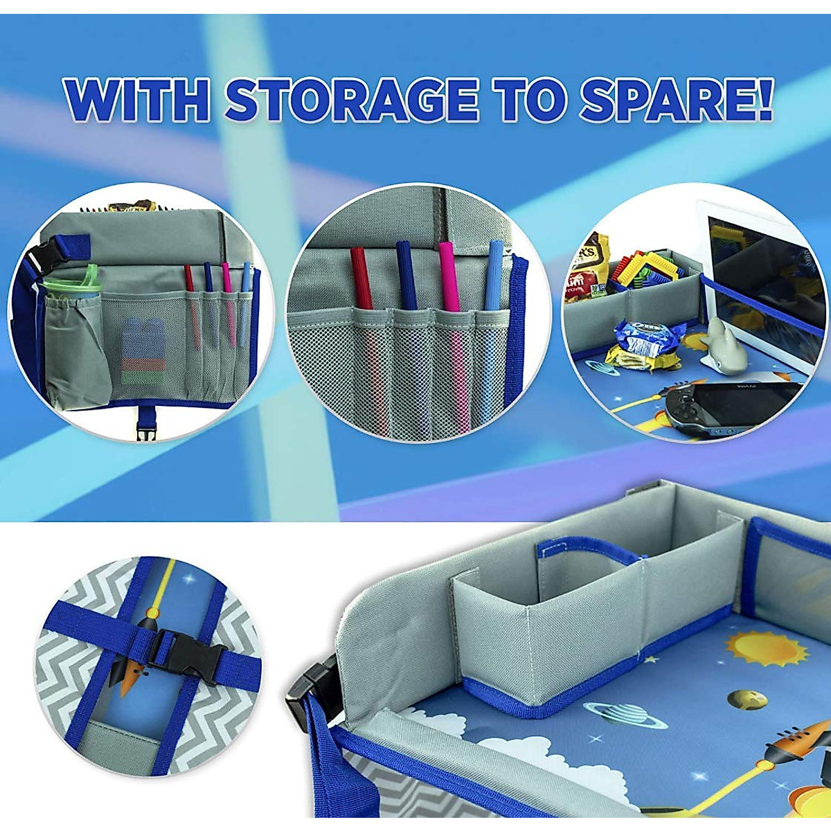 Thr33E Car Seat Kids Travel Tray - Travel Lap Desk Active Accessory for Child’s - Kids Tablet iPad Holder Stand Art Storage Pockets (Blue)