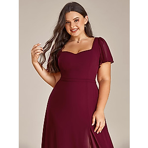 Ever-Pretty Plus Women's Curve Elastic Back Sweetheart High Slit A-Line Maxi Semi Formal Dresses with Sleeves Burgundy US18