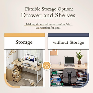 Homall L Shaped Desk with Drawers&Shelves, 55'' Corner Computer Desk with Power Outlets, Reversible PC Table with Storage File Cabinet for Home Office Studying Writing Gaming Workstation (Light Oak)