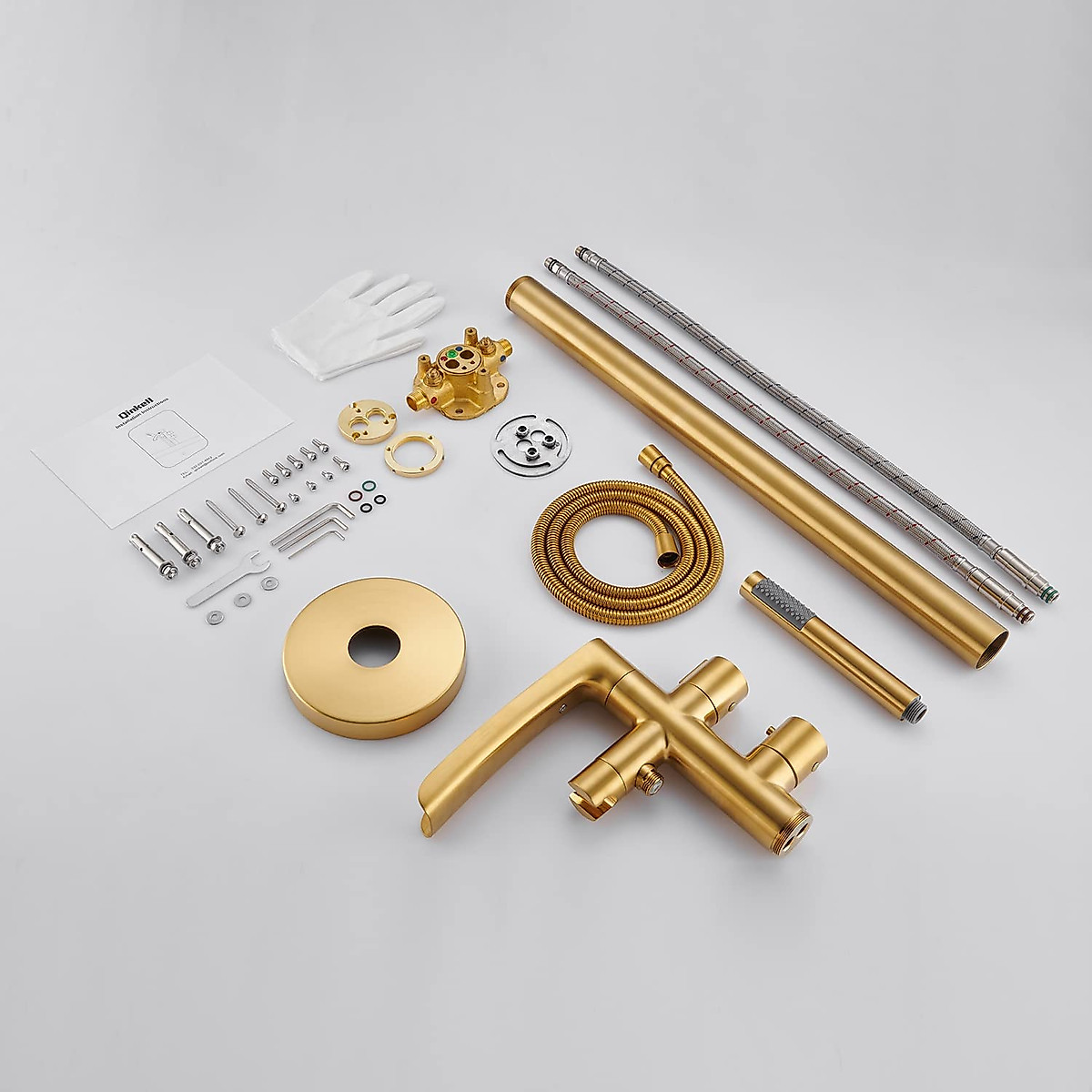 Qinkell Freestanding Thermostatic Bathtub Faucet Floor Mount Waterfall Tub Filler Brushed Gold Bathroom Taps with Handheld Shower